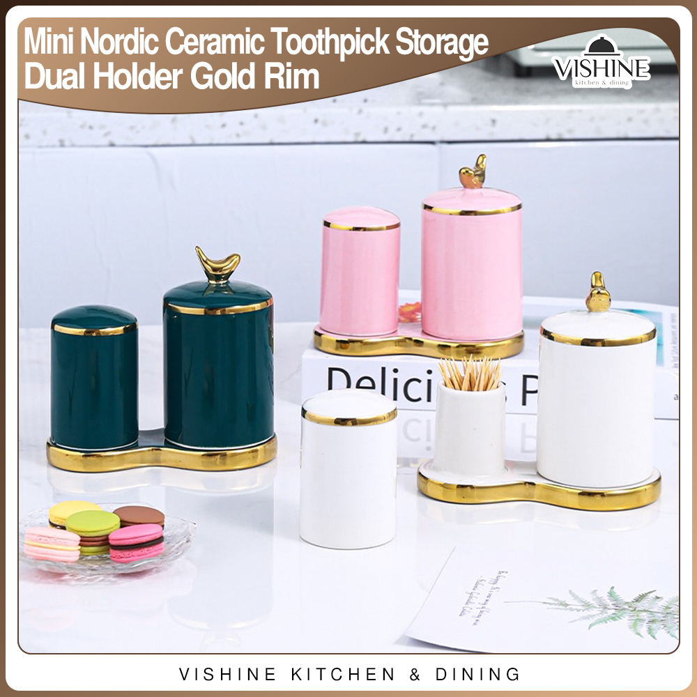 VISHINE Mini Light Luxury Ceramic Toothpick Cotton Swab Stick Box w ...