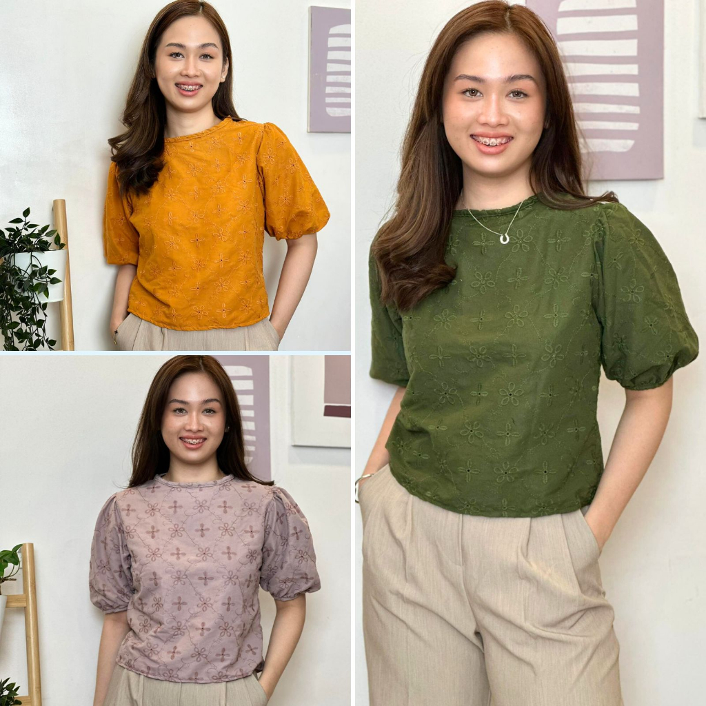 UNIQ.MNL Matilda Eyelet Fashion Puff Sleeves Round Neck Top | FREESIZE | Shopee Philippines