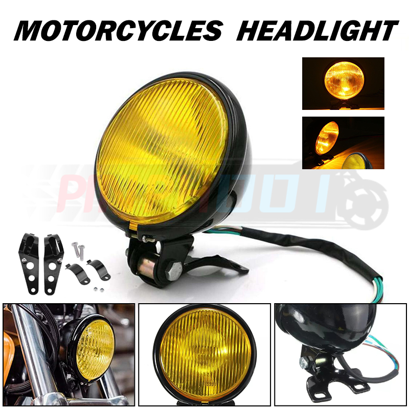 Motorcycle Headlight Universal Round Yellow Retro Motorcycle Headlamp ...