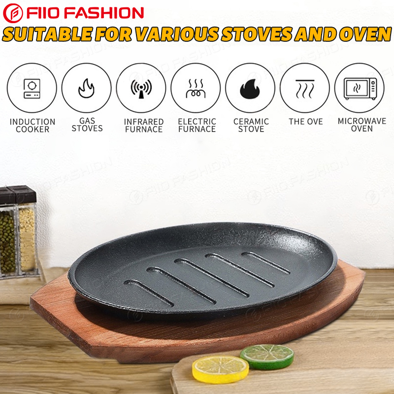 Sizzling plate with wood base ISP-3 Cast Iron Steak Platter with Wood ...