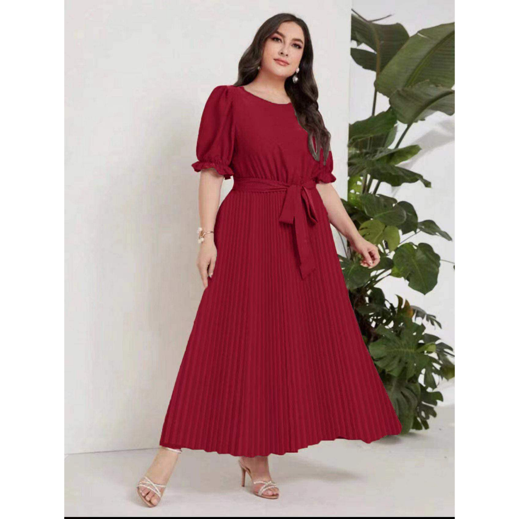 Plus Size Casual Puff Sleeve Dress Plain Pleated Green Blue Maroon Pink ...