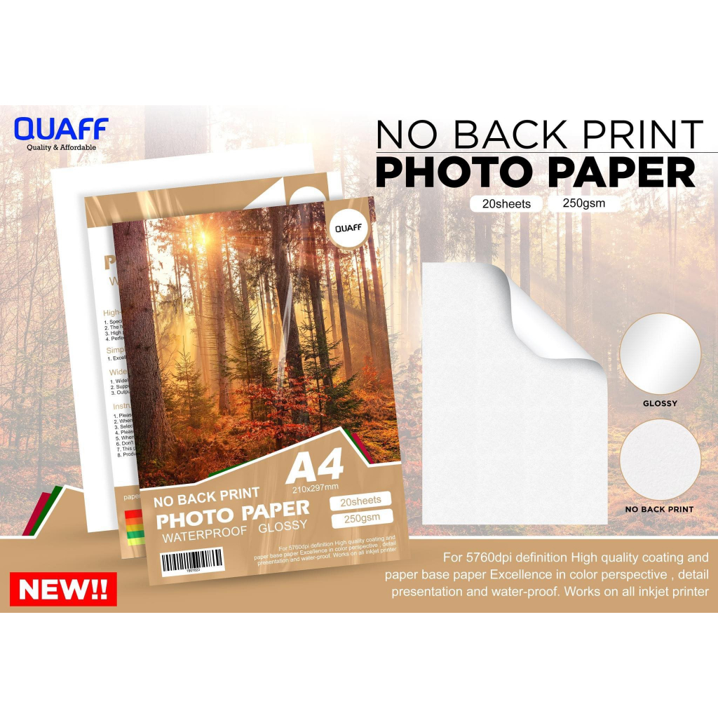 Quaff 250GSM No Back Print Glossy Inkjet Photo Paper A4 (20 Sheets Pack) | Shopee Philippines
