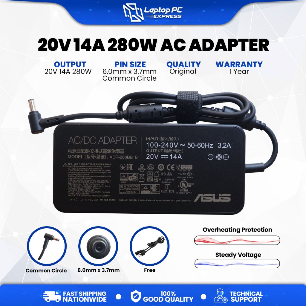 Asus 20V 14A 280W Common Circle 6.0mm x 3.7mm Slim Type Laptop Charger ...