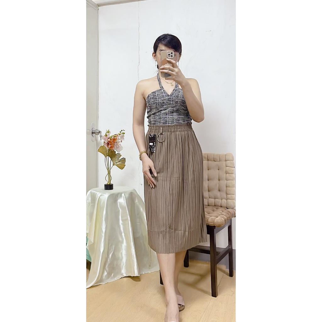 VIVENA New High waist satin metallic pleated skirt women thin A-line ...
