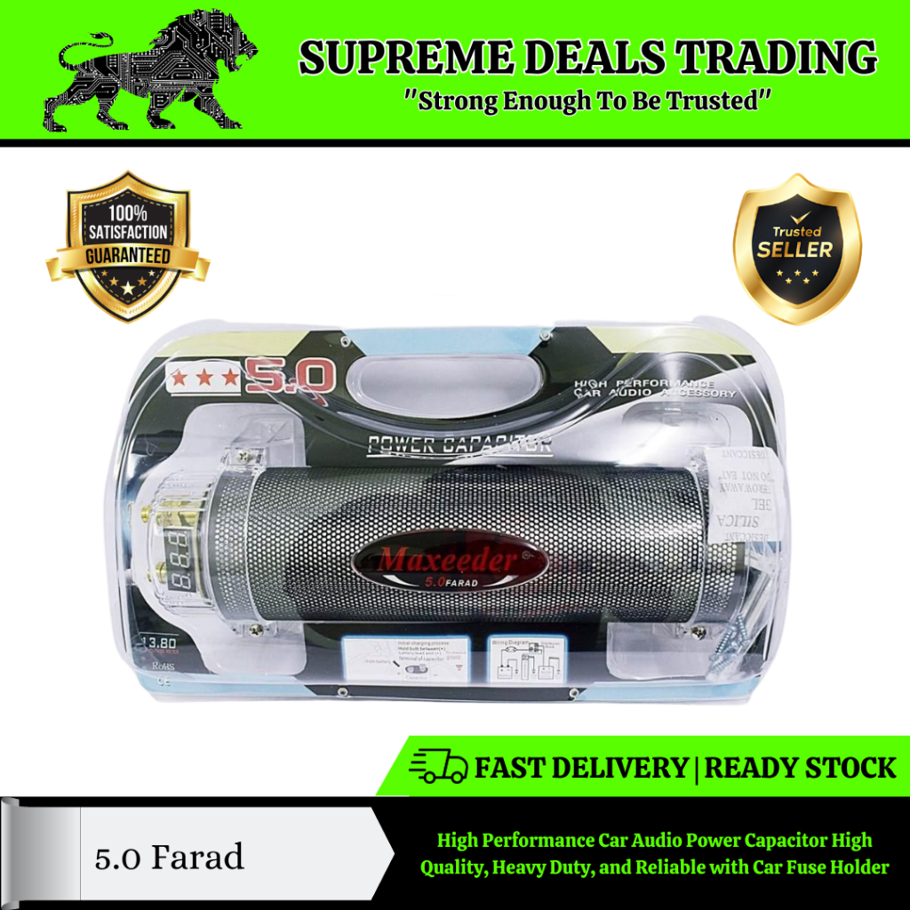 HEAVY DUTY CAR AUDIO POWER CAPACITOR WITH CAR FUSE HOLDER 5.0 FARAD ...