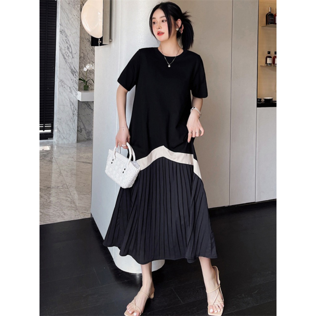 A3268 Melody Fashion Two Tone Pleated Hem Loose Dress | Shopee Philippines