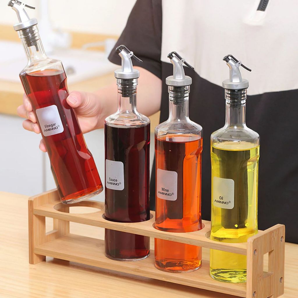 Luxshiny Wooden Rack Bottle Holder Seasoning Holder Vinegar Bottle Rack ...