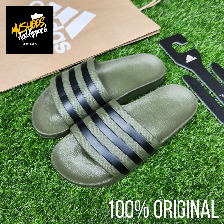 ADILETTE AQUA MEN'S SLIDES OLIVE STRATA HP9392 100% ORIGINAL | Shopee ...