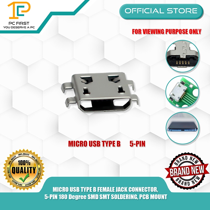 MICRO USB TYPE B FEMALE JACK CONNECTOR, 5-PIN 180 Degree SMD SMT ...