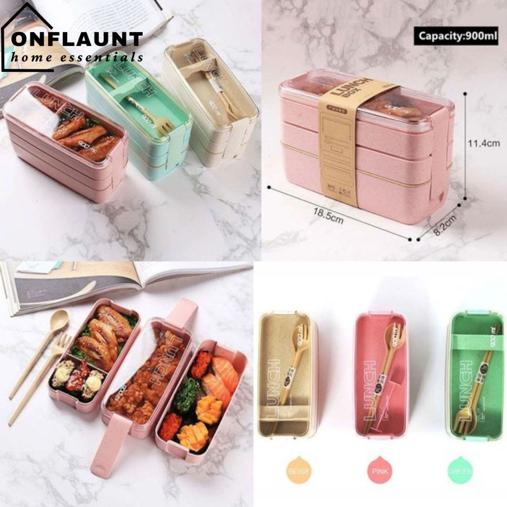 OnFlaunt 3 Layer Lunch Box Wheat Straw Bento Boxes Microwaveable Food ...