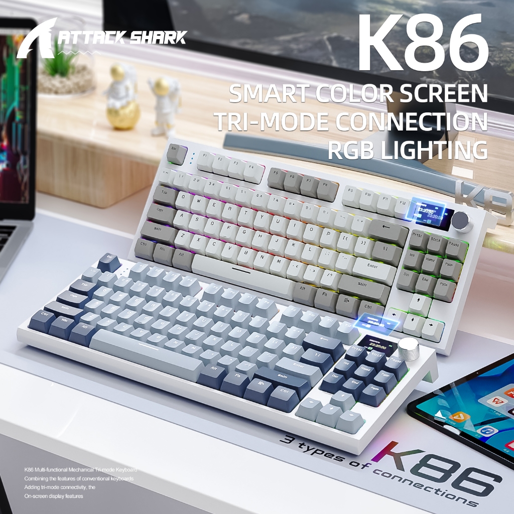 Attack Shark K86 RGB 3 Mode Mechanical Keyboard Hot Swappable With Linear Switch DIY Screen And ...