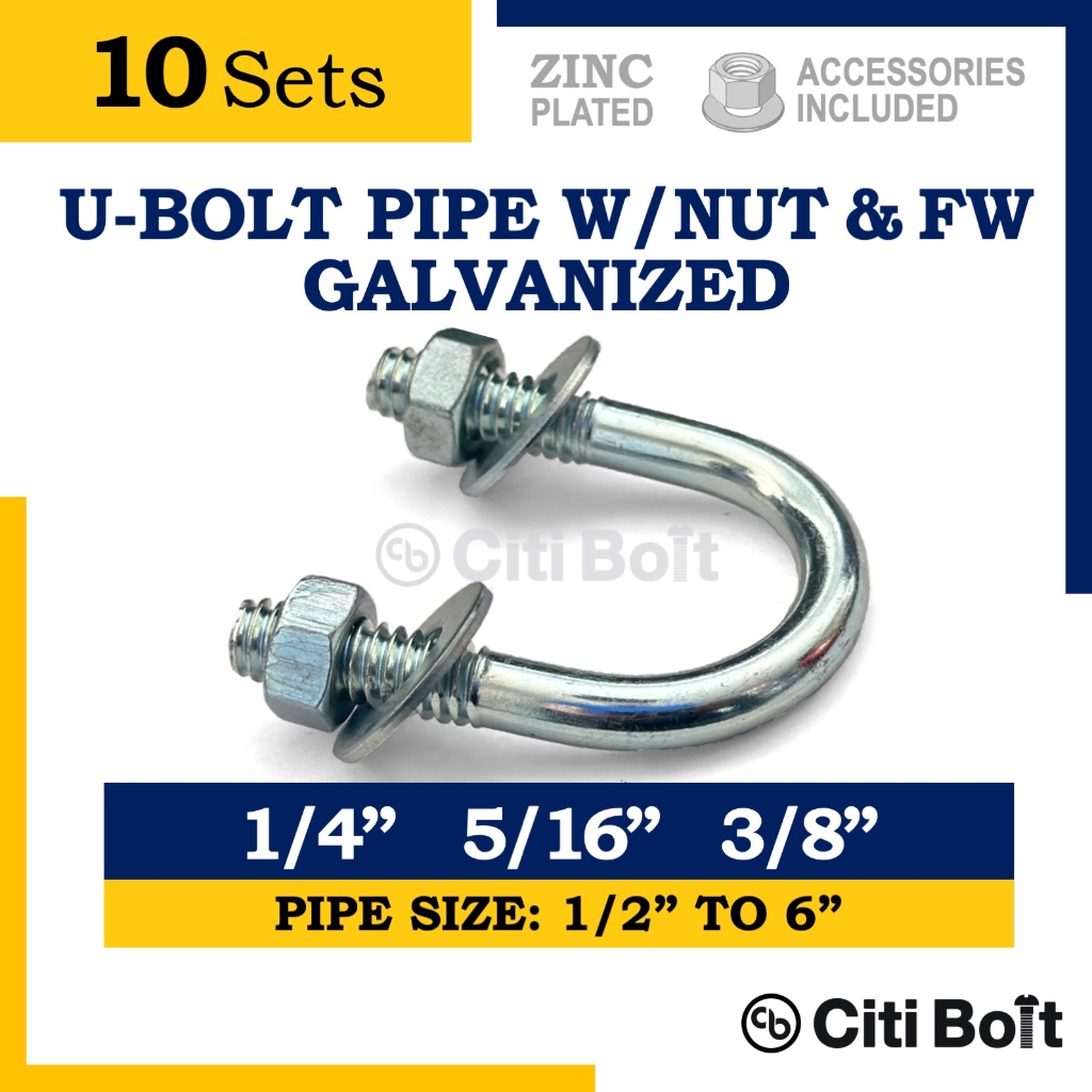 10set U-Bolt Pipe Galvanized / GI U Bolt w/ Nut & FW 1/4" 5/16" 3/8 ...