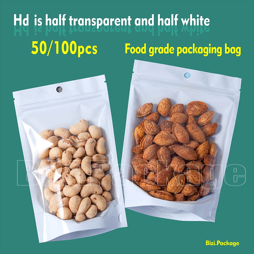 50/100PCS Half White Aluminum Half Clear Stand Up Pouch with Zip Lock Packaging Plastic Sealing ...
