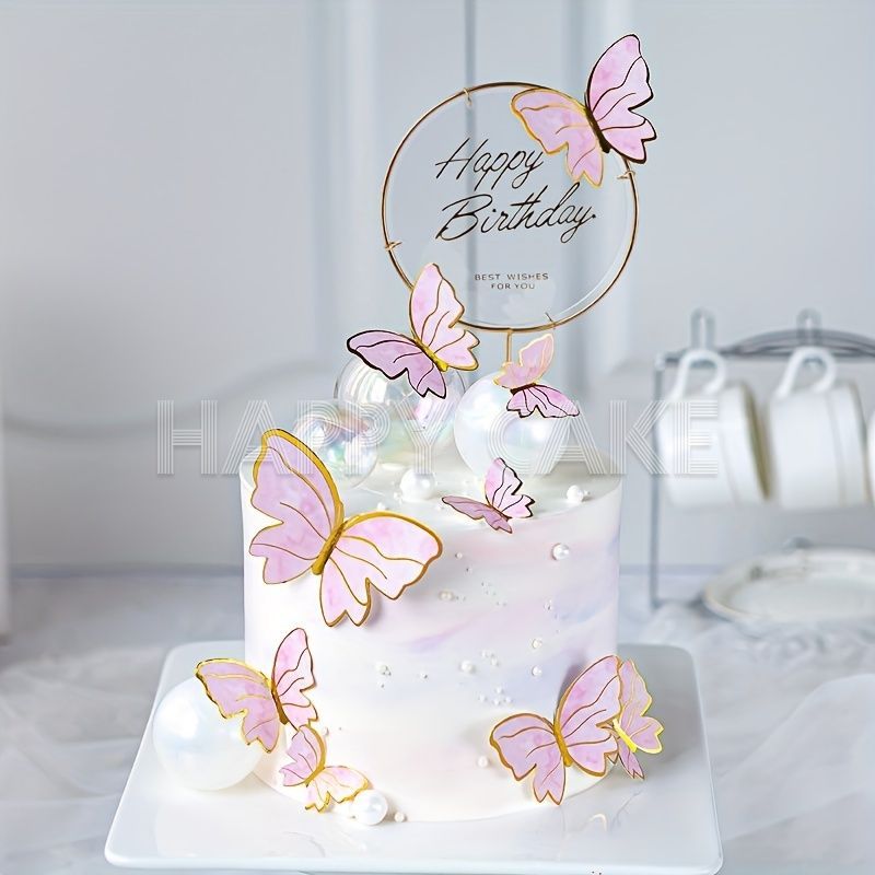 【Local Shipment】Happy Cake Butterfly Cake topper for decoration Gold ...