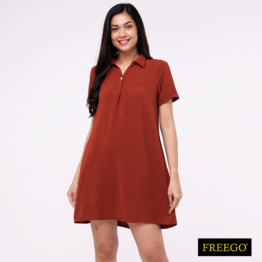 Freego Ladies Woven Plain Linen Wrinkle Short Sleeves Dress AST08-0046 ...