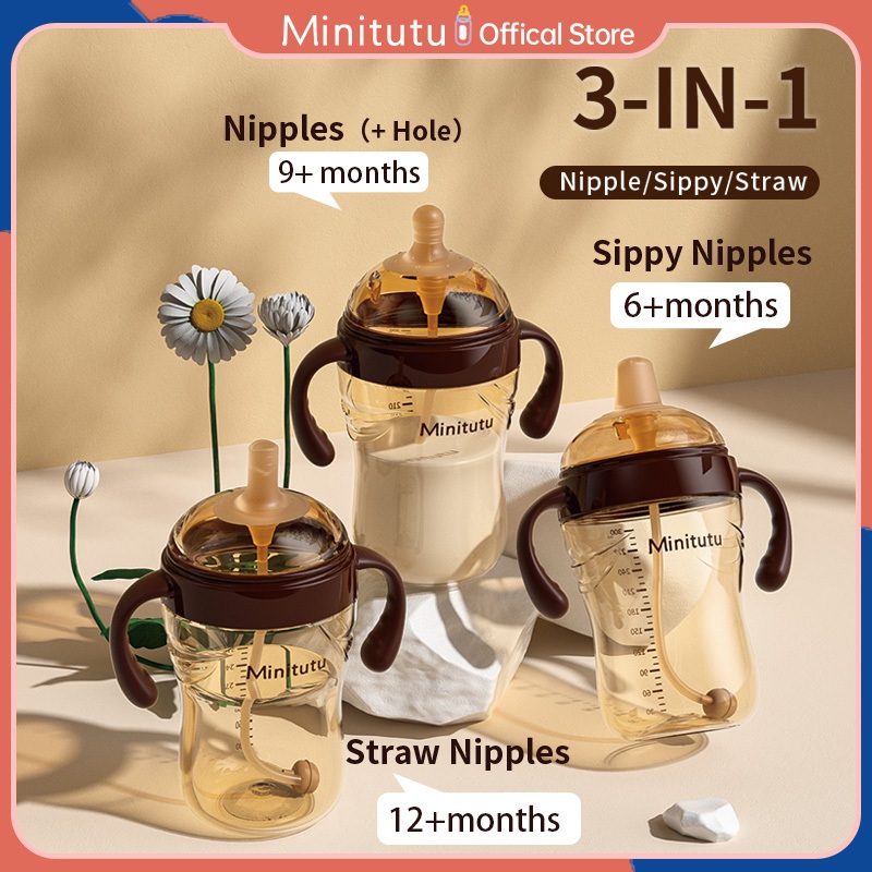 Minitutu 7.2cm Wide Neck PP/PPSU 300ml Baby Feeding Bottle Drop Resistant with Handle BPA Free ...