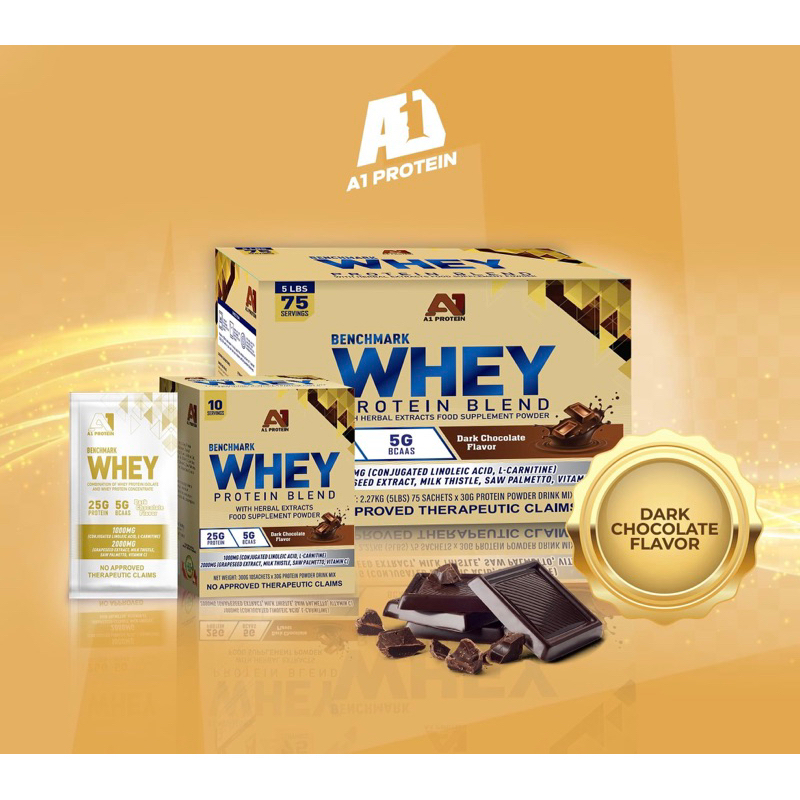 A1 Benchmark whey protein 75 serving free shaker / 20 sachet no box ...