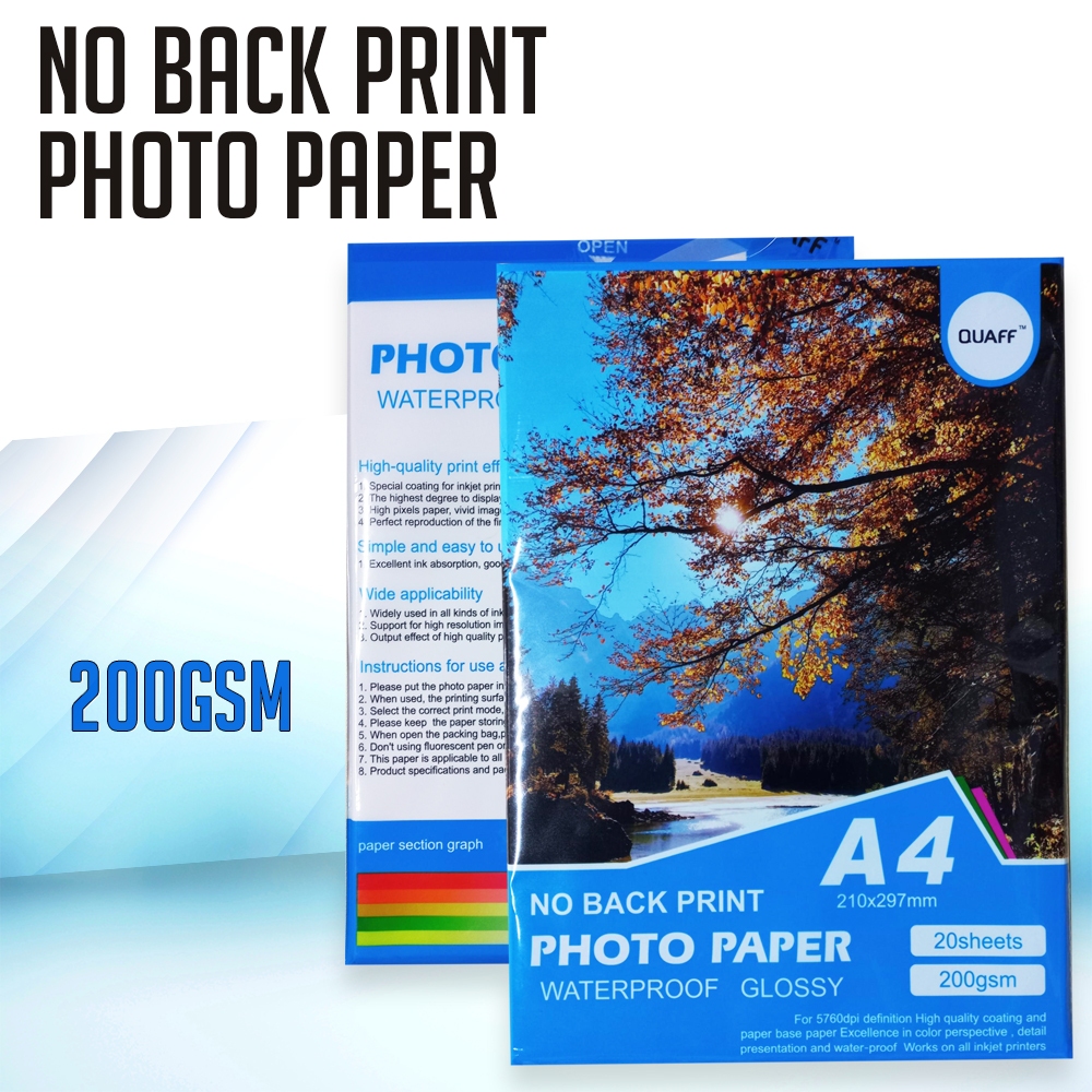 QUAFF Glossy No Back Print Inkjet Photo Paper A4 Size 200GSM / 230GSM / 250GSM (20pcs/pack ...
