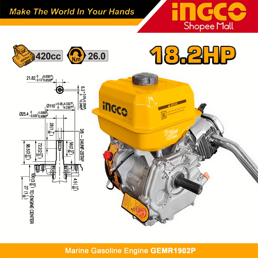 Ingco 4-Sroke 18.2HP Industrial Marine Speed Gasoline Engine Air-Cooled ...