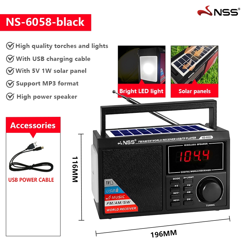 NSS Solar Rechargeable Radio Bluetooth With LED Light 3 BAND FM/AM/SW ...