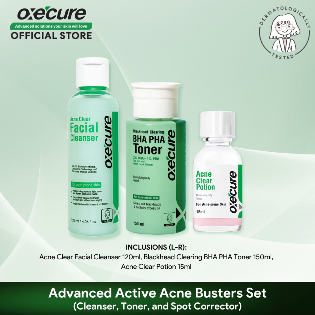 OXECURE Advanced Active Acne Busters Set (Cleanser, Toner, and Acne ...