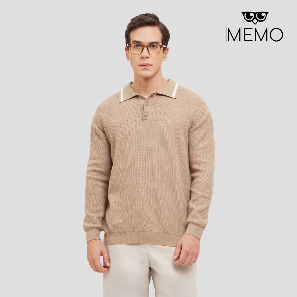 Memo Textured Flat Knit Long Sleeve Polo With Tipping For Men (Khaki ...