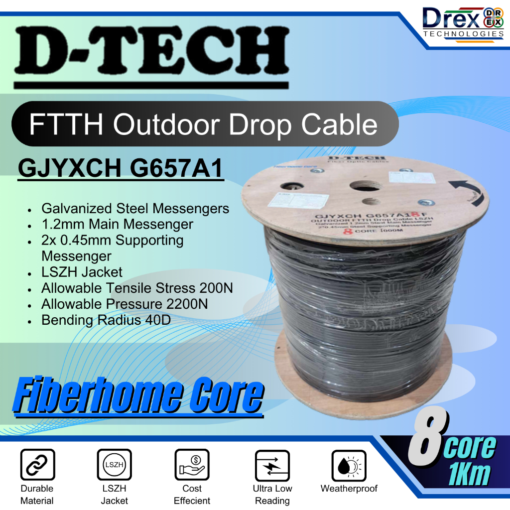 D-TECH FTTH Drop Cable 8Core 1KM G657A1 - w/ 3-Steel Messenger Galvanized | Shopee Philippines
