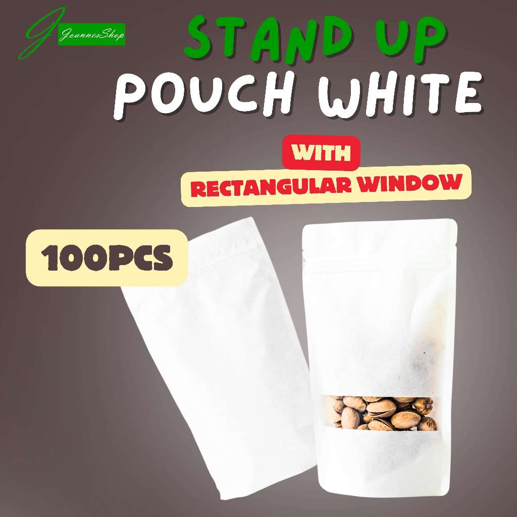 100 PCS White standing pouch with rectangular window with resealable ...