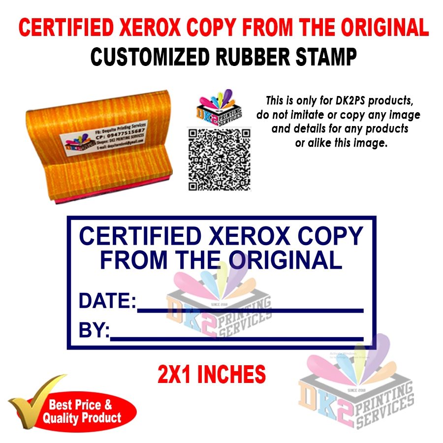 CERTIFIED XEROX COPY FROM THE ORIGINAL ( 2x1 inches) CUSTOMIZED RUBBER ...