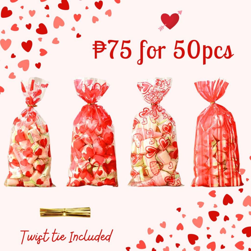 FP1842 (50PCS) Valentines Hearts Red Love 12X27 CM Plastic Goodie Bags ...