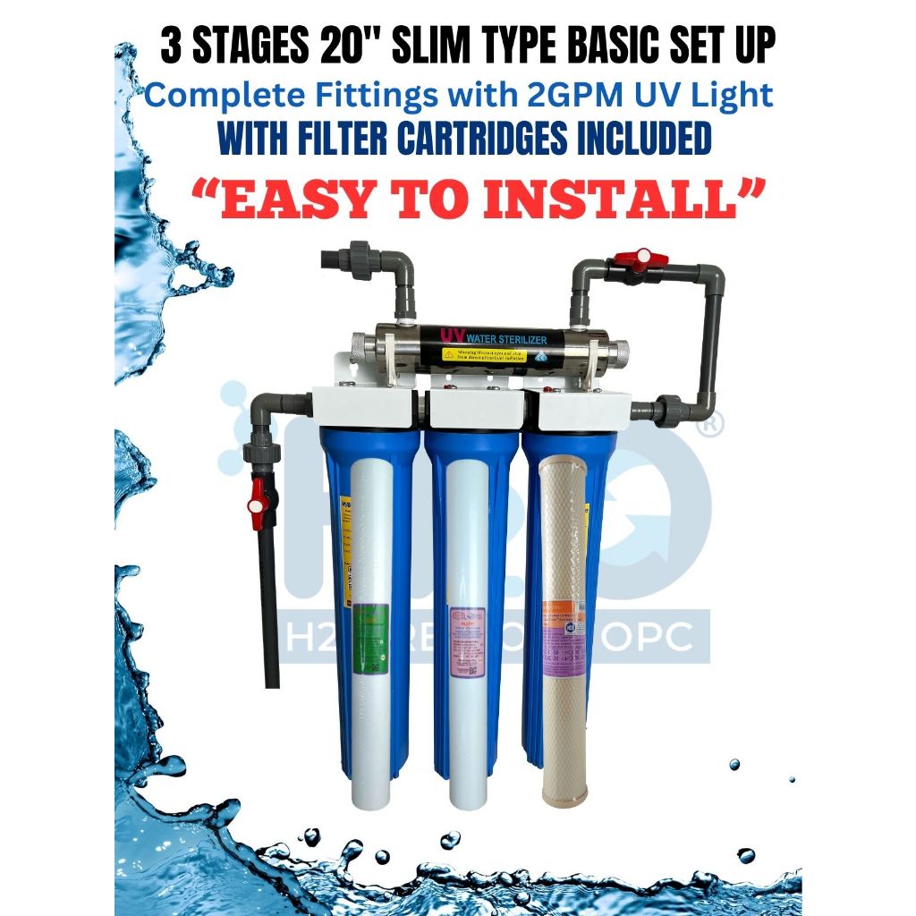 Water Filter 3 Stages 20" Slim Type Basic Set Up with 2GPM UV Light and ...