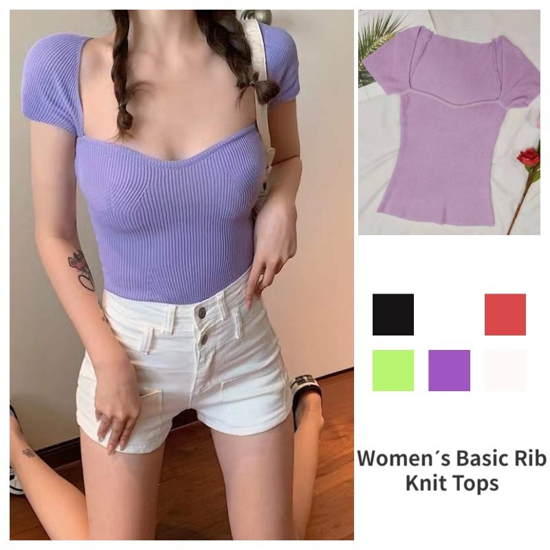 Women´s Basic Rib Knit Tops, Sexy Summer Short Sleeve Solid Color Slim Fit T-Shirts (75kg-120kg ...