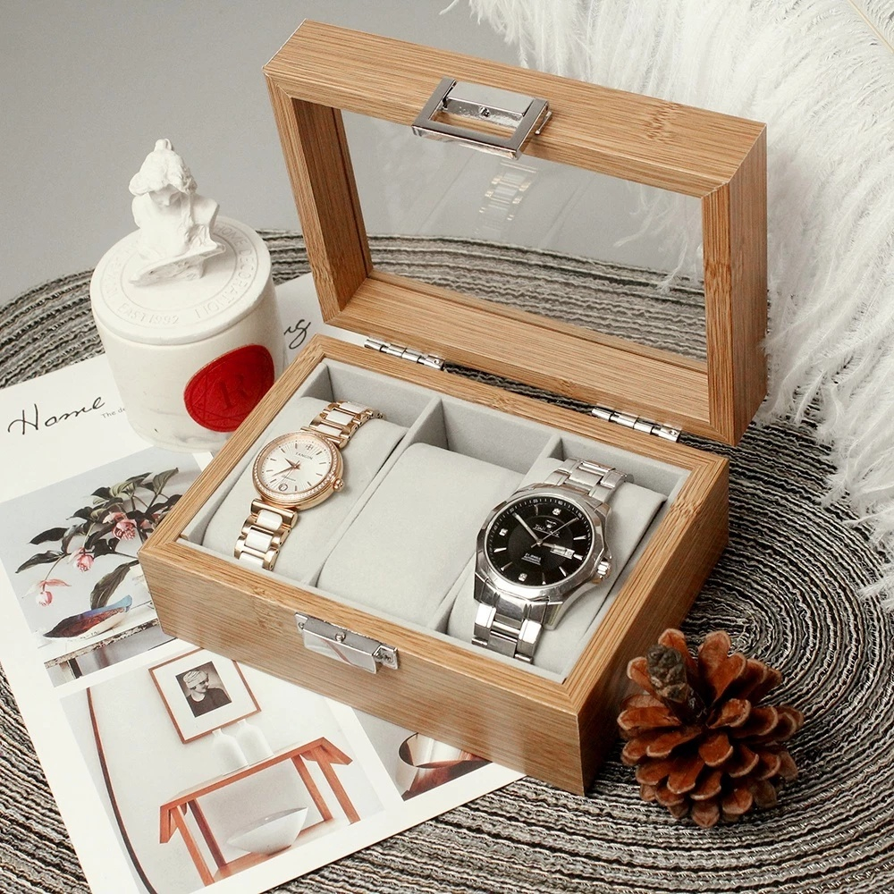 3/6/12 Grid Slot Wooden Glass Watch Box Display Jewelry Metal Lock ...