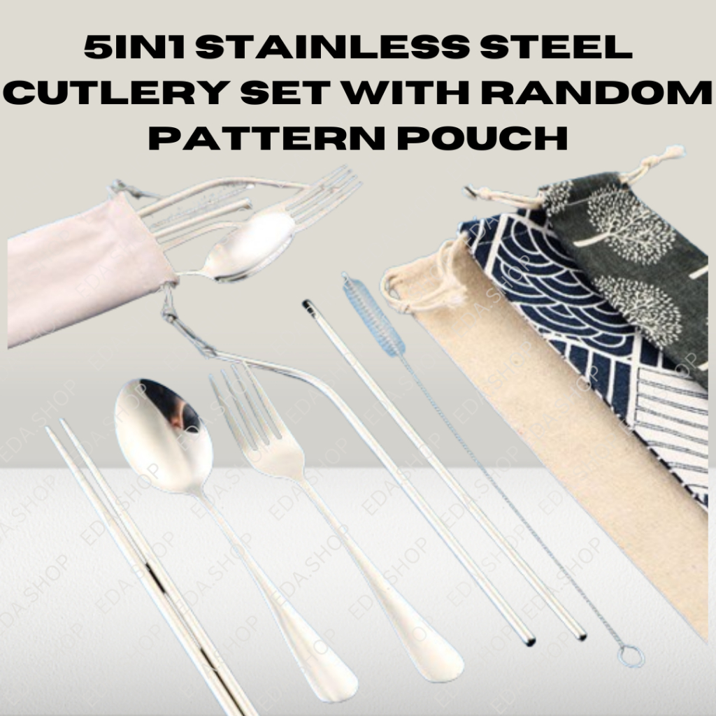 5in1 Stainless Steel Cutlery Set: Spoon, Fork, Chopstick, Straw, and ...