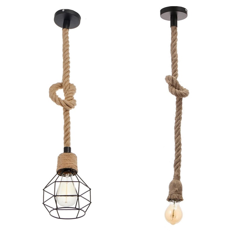 Pendant Light Retro Hemp Rope Drop Light Iron Lampshade Hanging Lamp ...