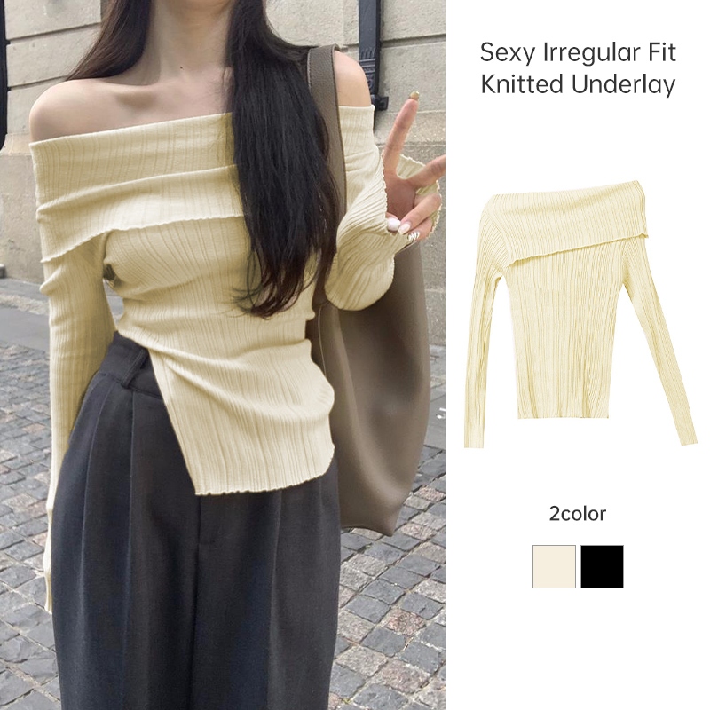 Off Shoulder Long Sleeved Knitted Bottoming Shirt Women Sexy Irregular Slim Fitting Short Top PR ...