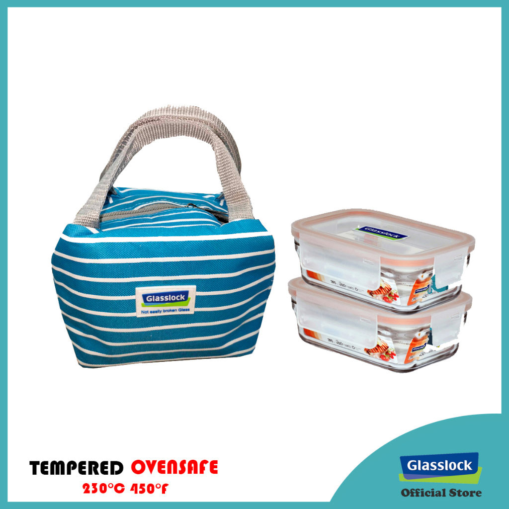 Glasslock Blue Lunch Box Set with Oven Safe Rimless Rectangle (2 x ...