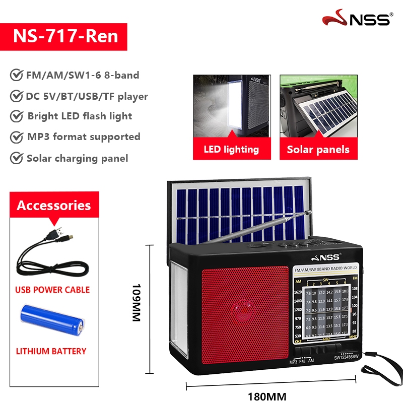 NSS Solar Radio Rechargeable Bluetooth Radio 8 BAND FM/AM/SW BT/USB/TF ...