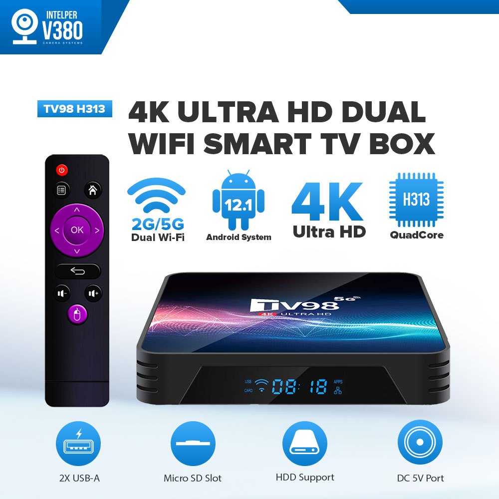 Intelper TV98 H313 Smart TV Box 2+16GB 5G Dual WiFi 4K HD Android 12 TV Box LED Digital Display ...