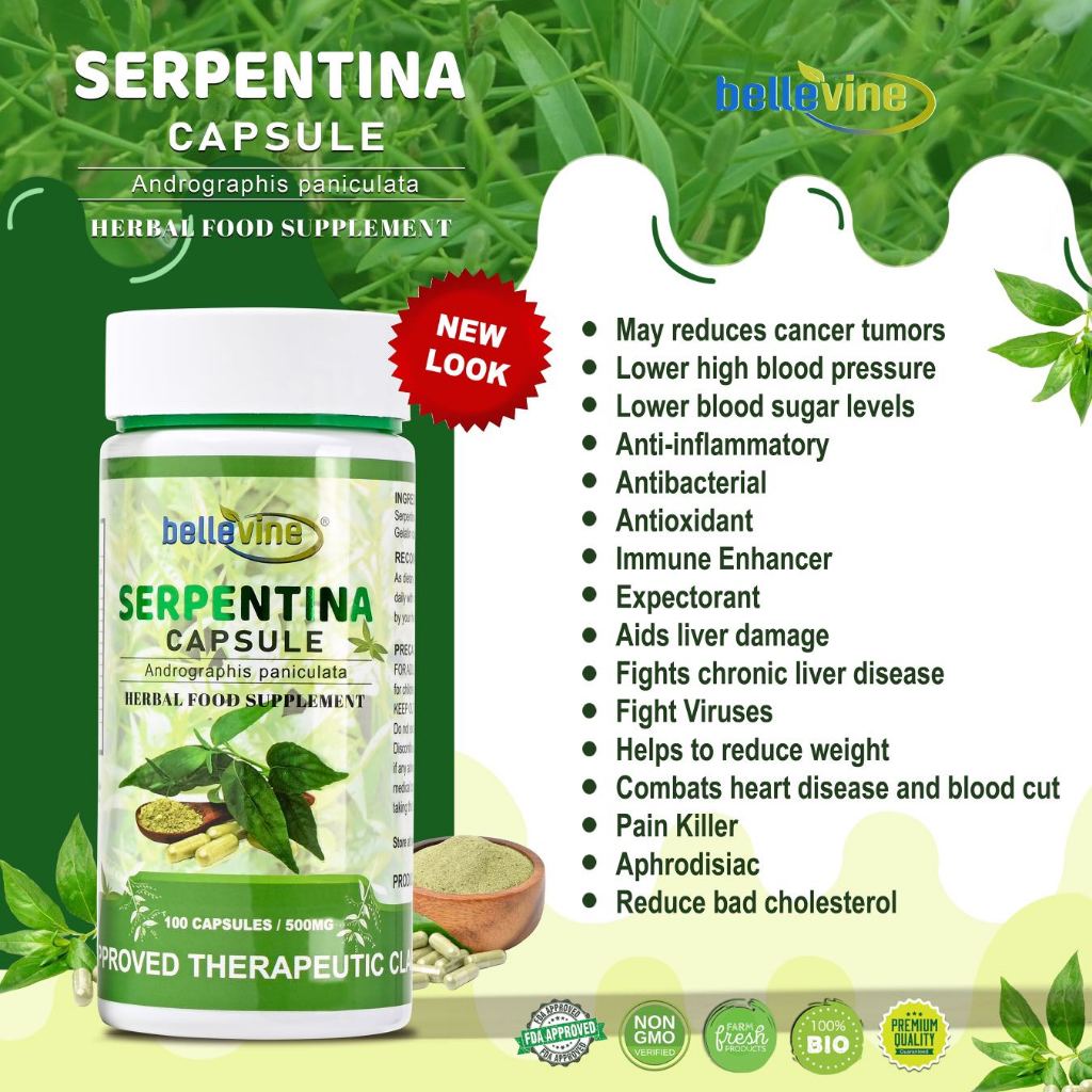 Bellevine Serpentina Supplement Capsules 500mg Bottle of 100 (FDA ...