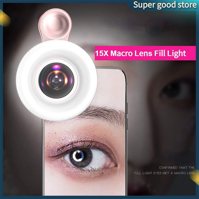 2IN1 HD Mobile Phone Lens Fill Light 15X Macro Portable Selfie LED Ring ...