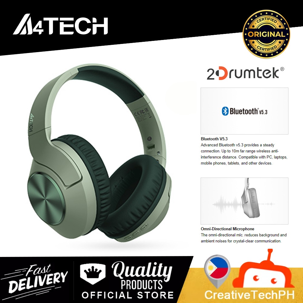 A4Tech BH-300 2Drumtek Bluetooth v5.3 Wireless Over Ear Headset (Matcha Green) | Shopee Philippines