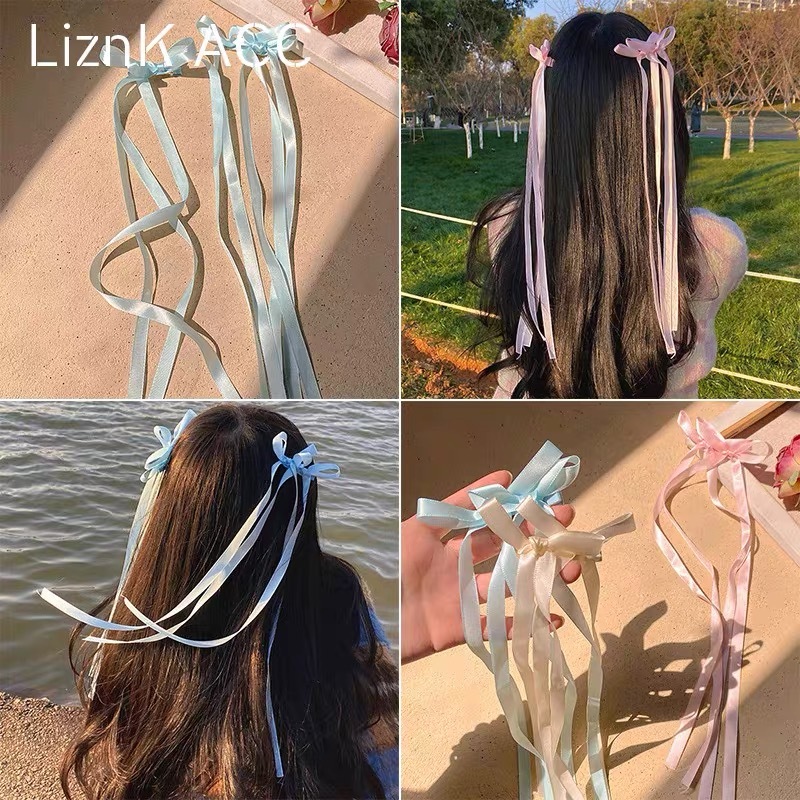 2 Pcs Korean Ribbon Bow Hair Clip Set Long Silk Ribbons Hairpin Ballet ...
