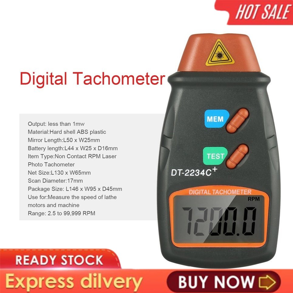 DT2234 C+ Digital Tachometer RPM Meter Non-Contact 2.5RPM-99999RPM LCD ...