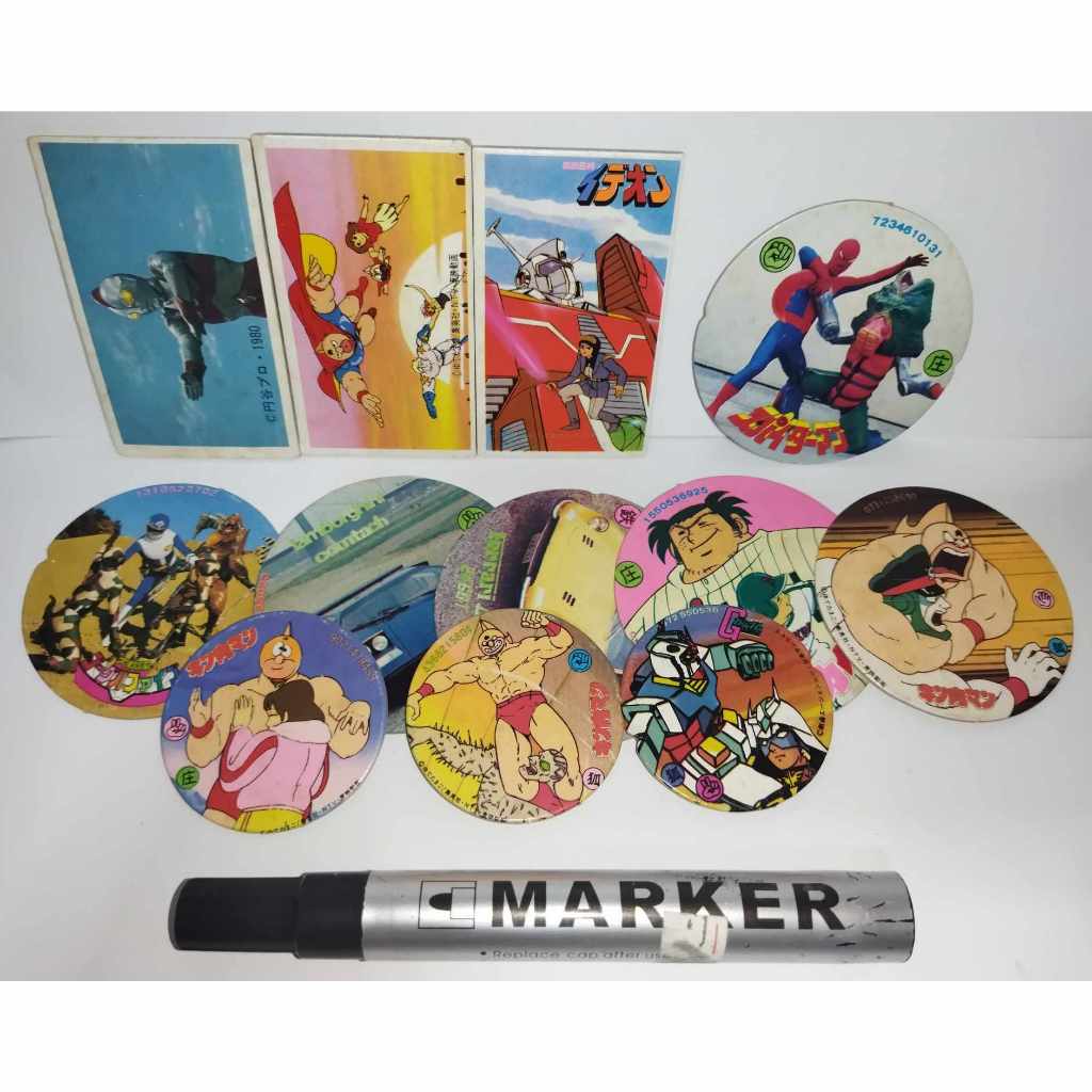 Assorted Vintage Menko (Japanese Pogs) Ultraman, Spider Man, Gundam ...