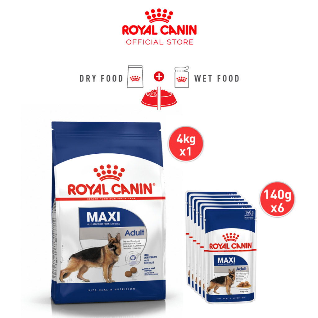 Royal Canin Maxi Adult (4kg) Dry + (140g x 6 pouches) Wet Dog Food ...
