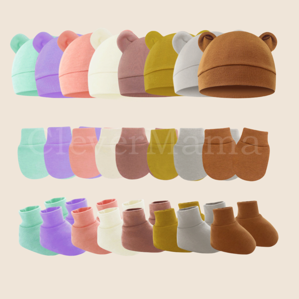 CleverMama 3in1 Plain Bear Ear Newborn Babies Bonnet Hats Mittens ...