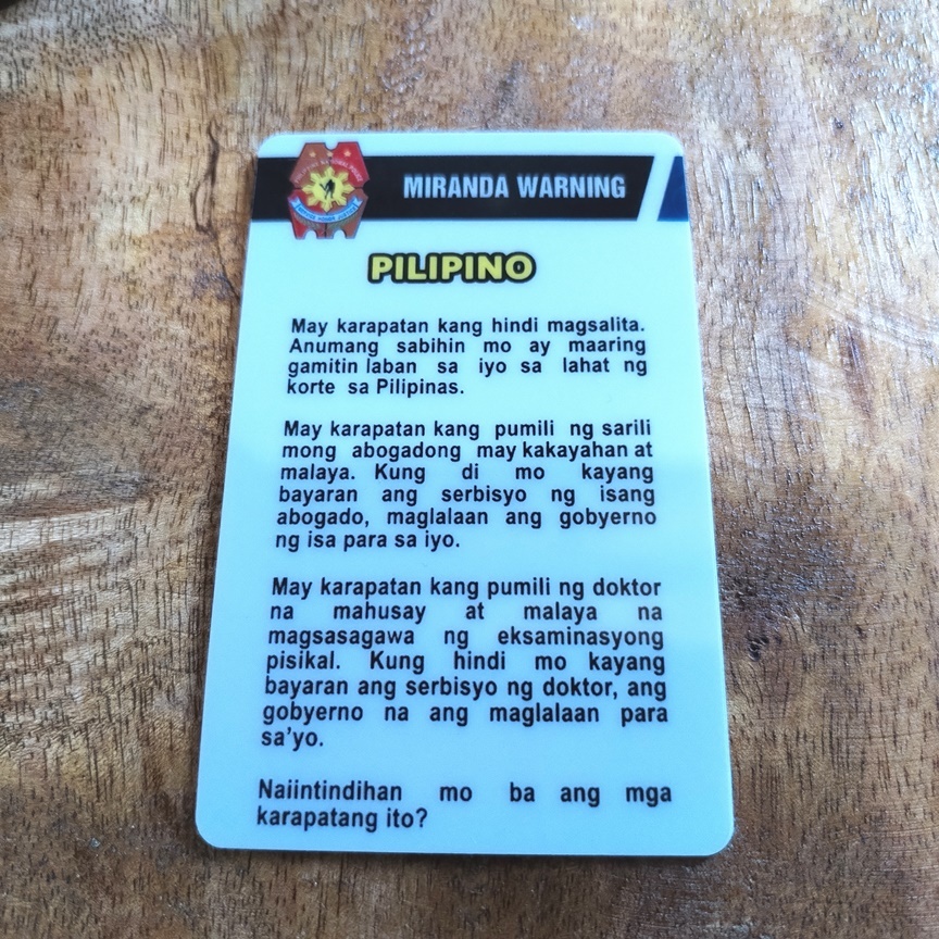 Miranda Warning Card Englsih/Tagalog w/ Antitorture w/ Sebwano ...