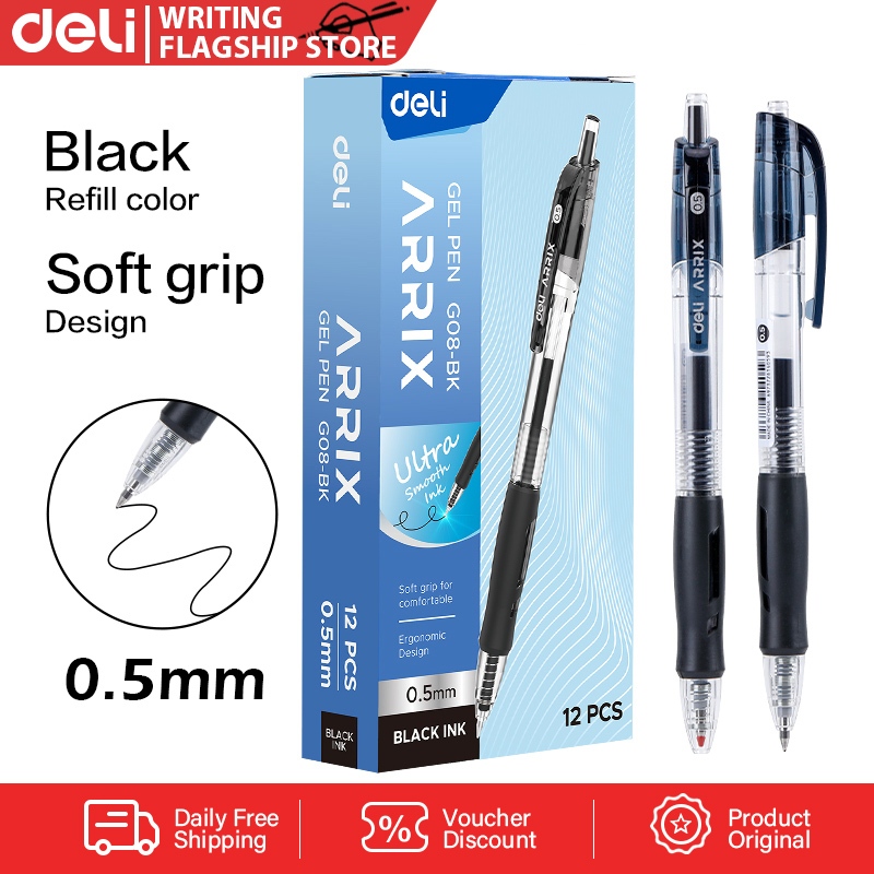 Deli Press Ballpen Gel Pen 0.5mm Black/Blue Ink Sign Writing Pen School ...