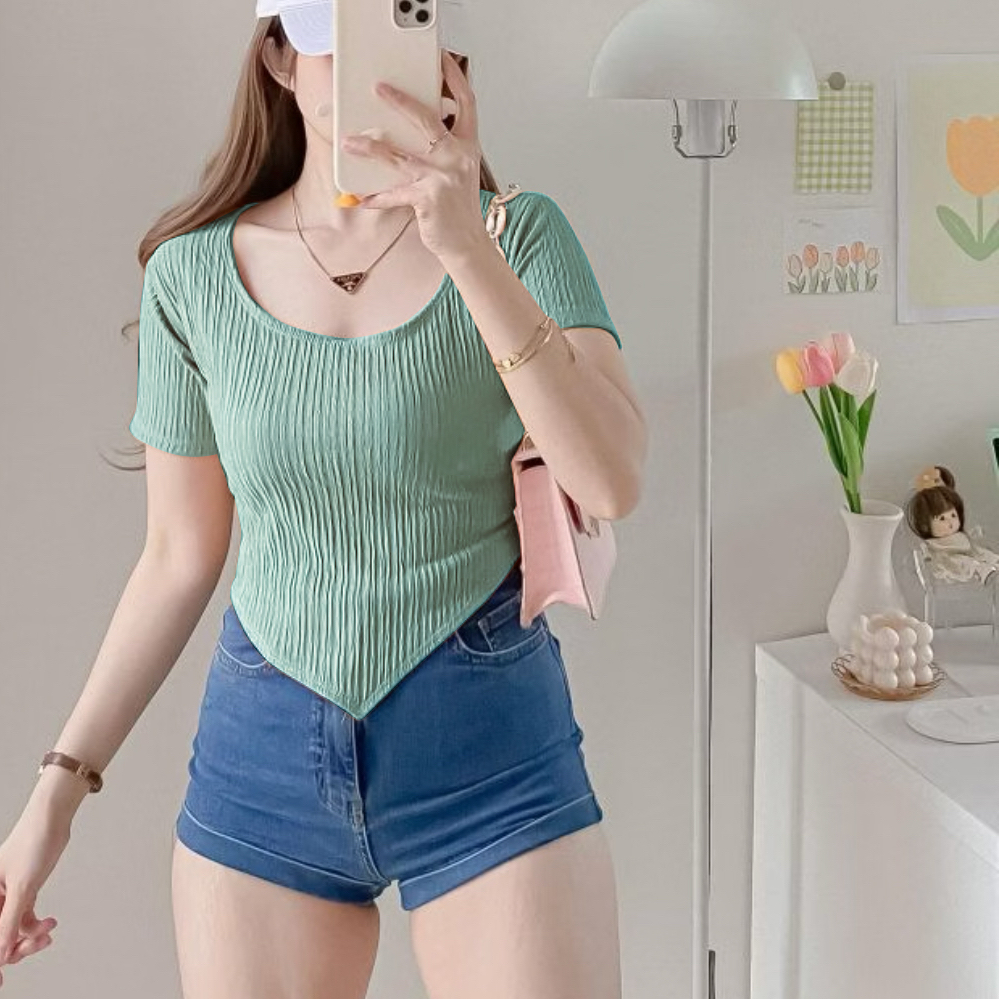 Angelcity Asymmetrical Hanky Tops Round Neck Short Sleeve Tee Bark ...